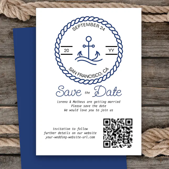 Nautical Anchor QR Code Wedding Save The Date Card | Zazzle