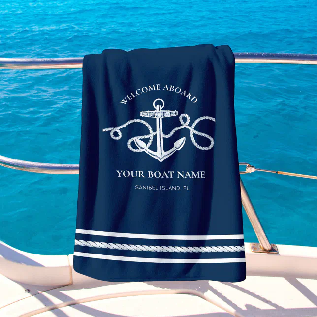 Nautical Anchor Rope Boat Name Welcome Aboard Navy Beach Towel | Zazzle