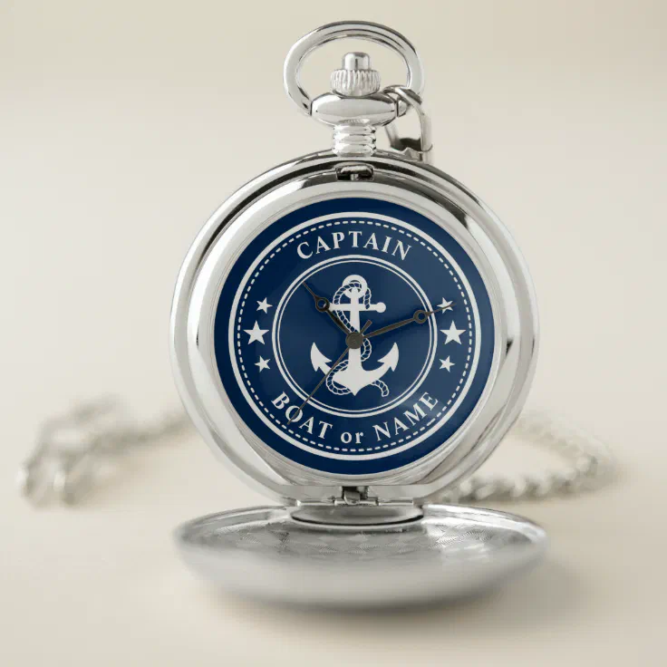 Nautical Anchor & Rope Captain Boat Name Navy Pocket Watch | Zazzle