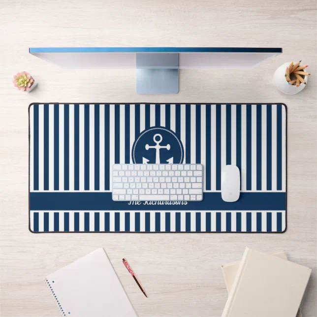 Nautical Anchor Rope Navy Blue Stripes Custom Desk Mat | Zazzle