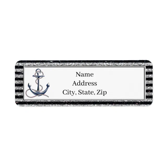 Nautical Anchor Silver Black Stripes Address Label | Zazzle