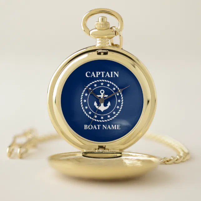 Nautical Anchor Stars Captain Boat Name Blue Gold Pocket Watch | Zazzle
