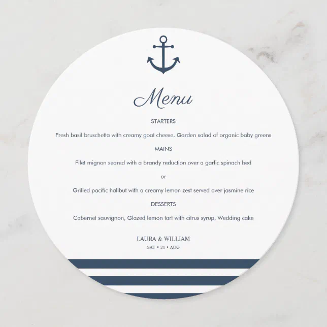 Nautical Anchor & Stripes Circle Round Menu | Zazzle