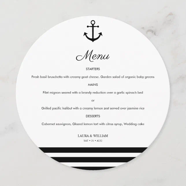 Nautical Anchor & Stripes Round Menu | Zazzle