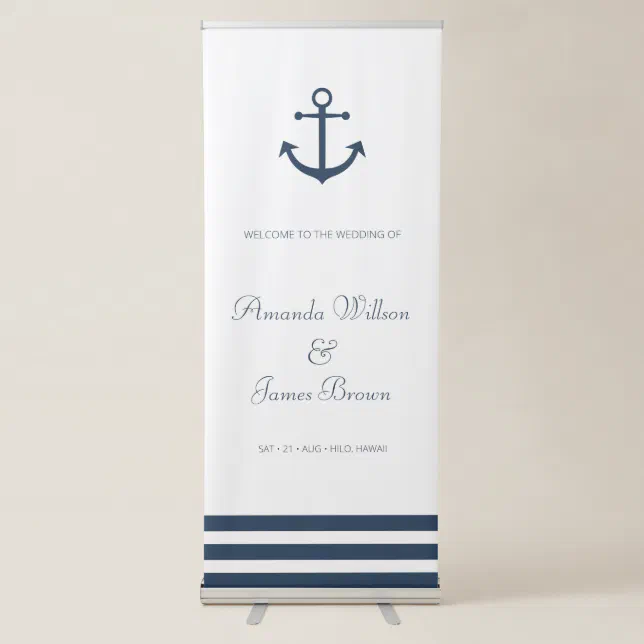 Nautical Anchor Stripes Wedding Welcome Retractable Banner | Zazzle