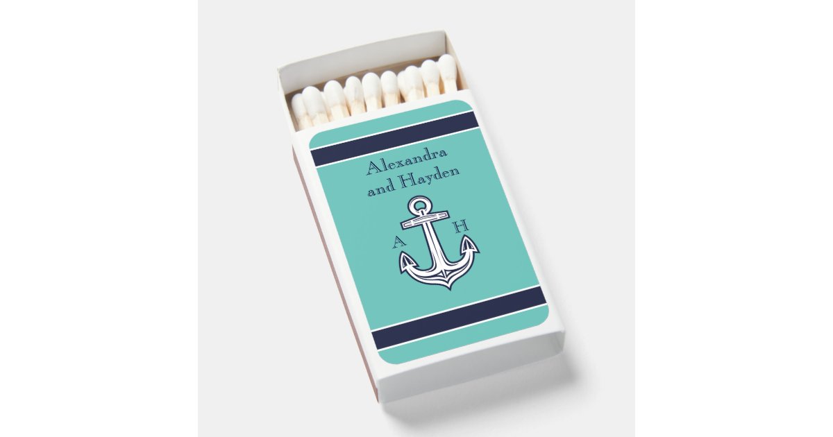 Nautical Anchor Teal Navy Blue White Wedding Matchboxes | Zazzle