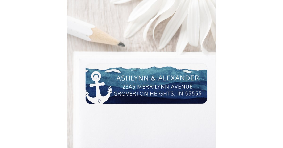 Nautical Anchor Watercolor Navy Blue Waves Label | Zazzle