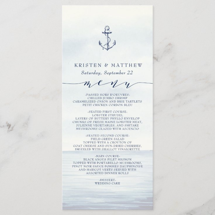 Nautical Anchor Watercolor Ocean Menu | Zazzle