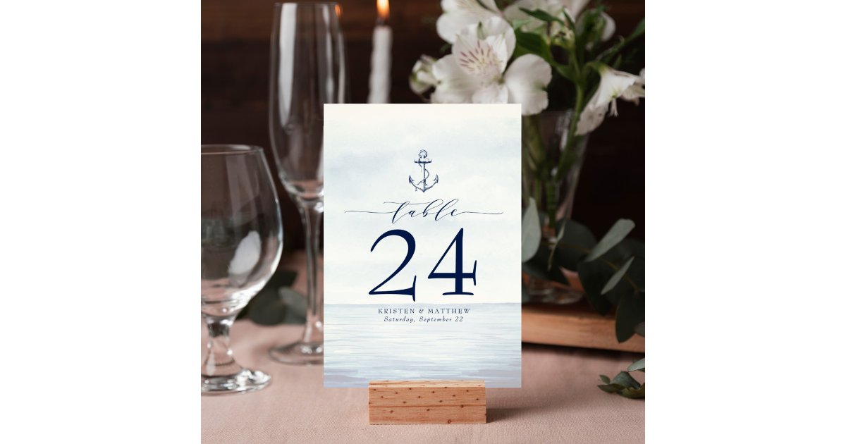 Nautical Anchor Watercolor Ocean Navy Blue Table Number | Zazzle