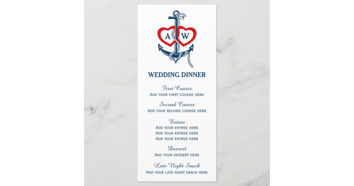 Nautical anchor Wedding dinner menu template | Zazzle