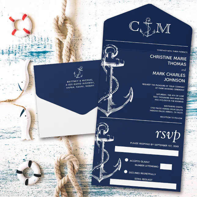 Nautical Anchor Wedding Song Request Navy Blue All In One Invitation ...