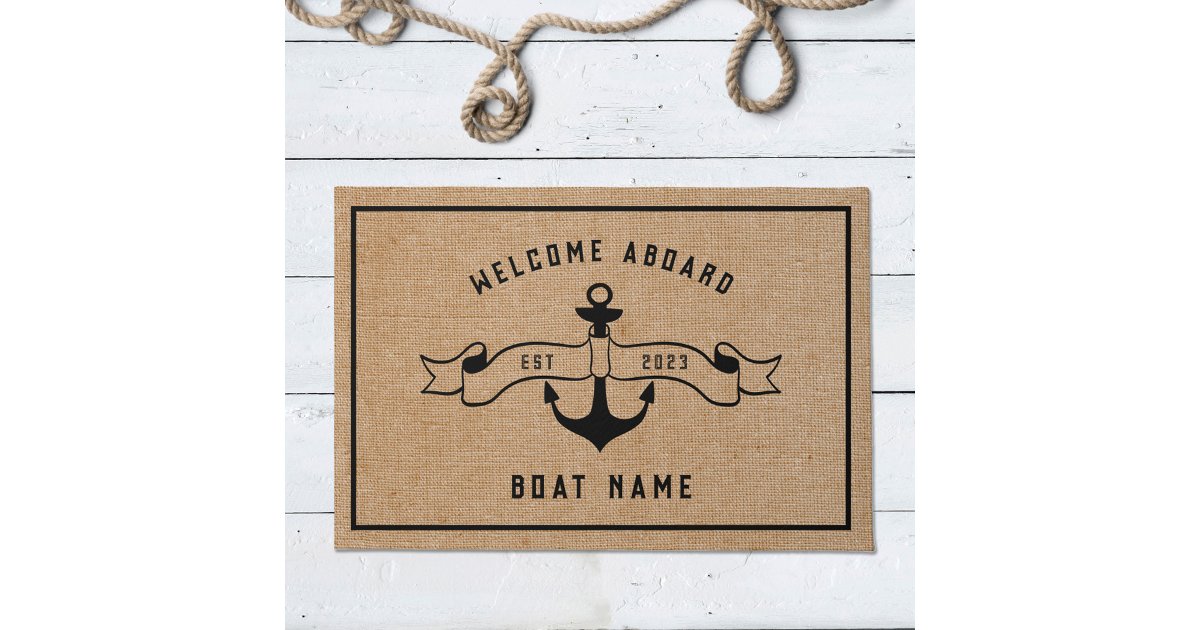 Nautical Anchor Welcome Aboard Burlap and Black Doormat | Zazzle