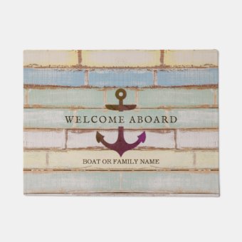 Nautical Anchor WELCOME ABOARD Rustic Boat Name Doormat | Zazzle