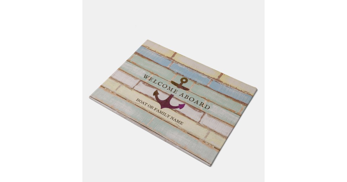 Nautical Anchor WELCOME ABOARD Rustic Boat Name Doormat | Zazzle