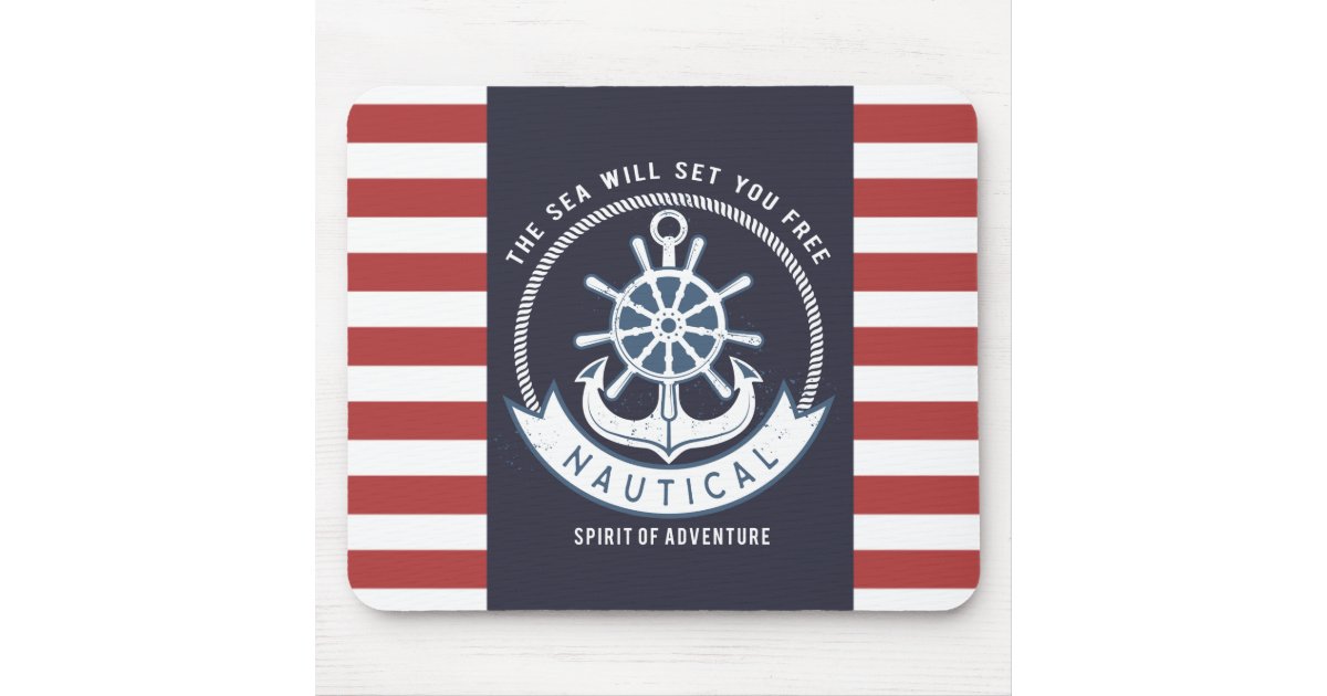 Nautical Anchor,Wheel, Navy Blue,Red Stripes Mouse Pad | Zazzle