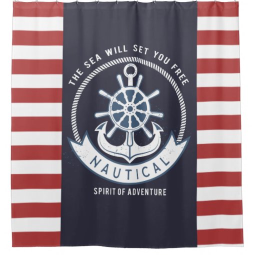 Nautical Anchor Wheel Navy Blue Red Stripes Shower Curtain Zazzle