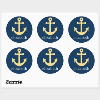 Nautical Anchor with Navy Yellow Chevron Pattern Classic Round Sticker ...