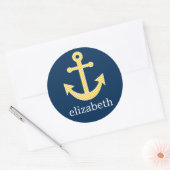 Nautical Anchor with Navy Yellow Chevron Pattern Classic Round Sticker ...