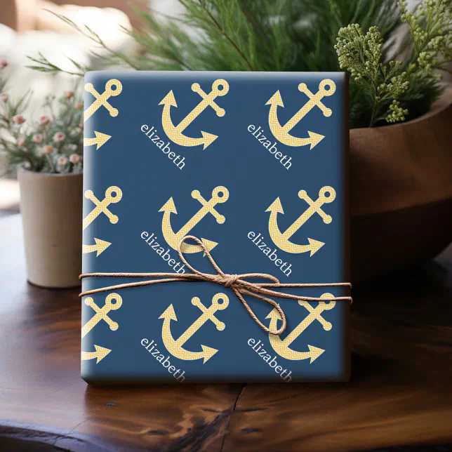 Nautical Anchor with Navy Yellow Chevron Pattern Wrapping Paper | Zazzle