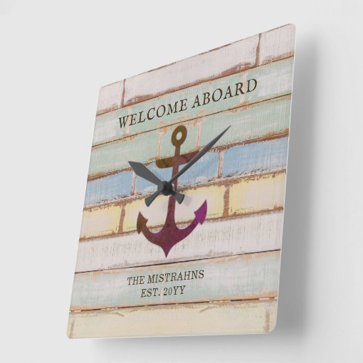 Nautical Anchor Wood Welcome Aboard Boat Name Square Wall Clock | Zazzle