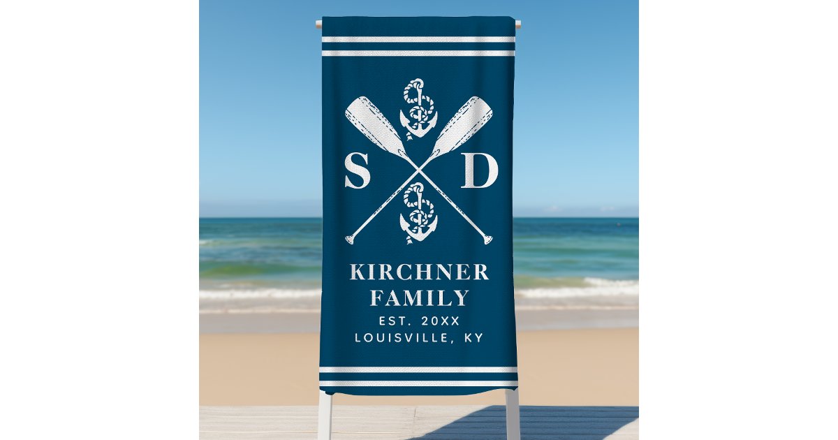 Nautical Anchors Boat Oars Family Monogram Navy Beach Towel | Zazzle