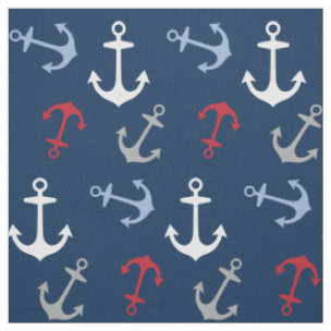 Nautical Red White and Navy Blue Anchors Pattern Fabric | Zazzle.com