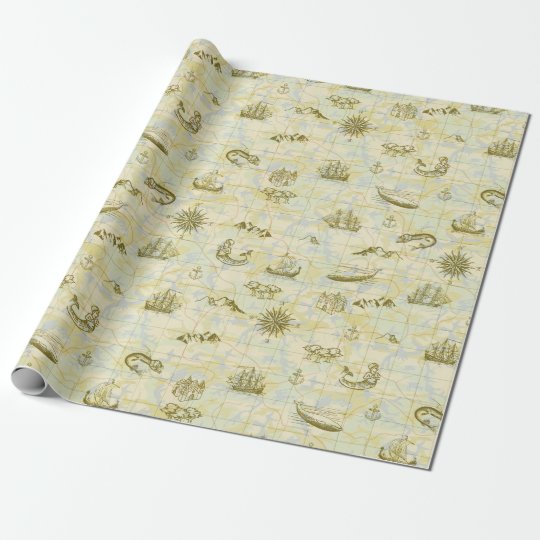 Nautical Antique Map Sea Monsters Ships Anchors Wrapping Paper | Zazzle.com
