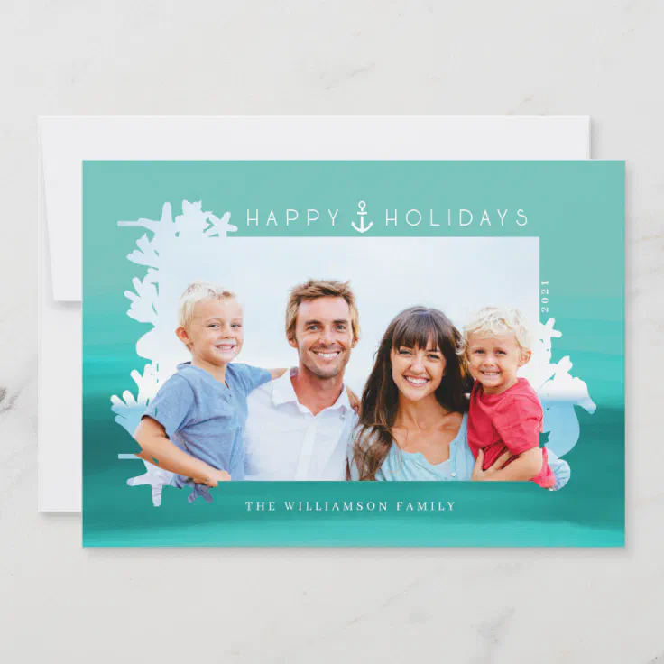 Nautical Aqua Happy Holidays Ocean Photo Frame Holiday Card | Zazzle