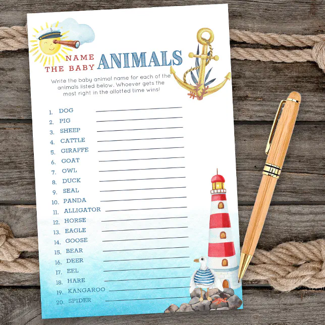 Nautical Baby Shower Name the Baby Animals Game | Zazzle