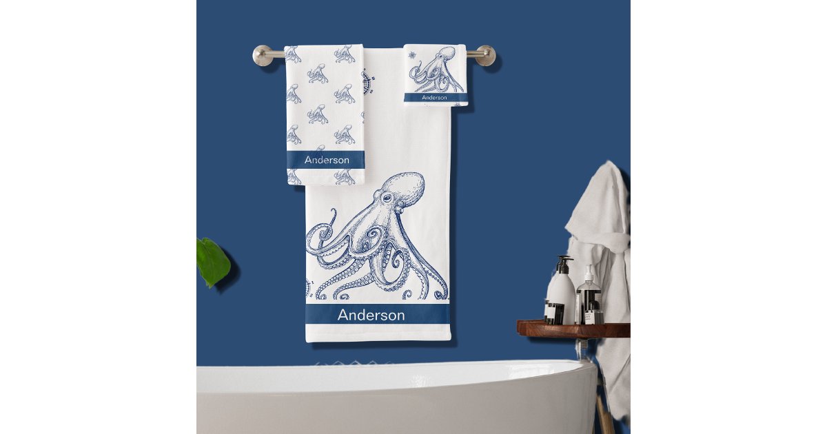 Nautical Bathroom Ocean Navy Blue Octopus Bath Towel Set | Zazzle