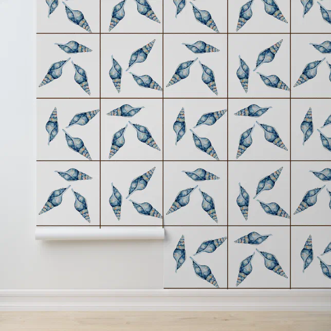 Nautical Beach Blue Seashell Shell White Faux Tile Wallpaper | Zazzle