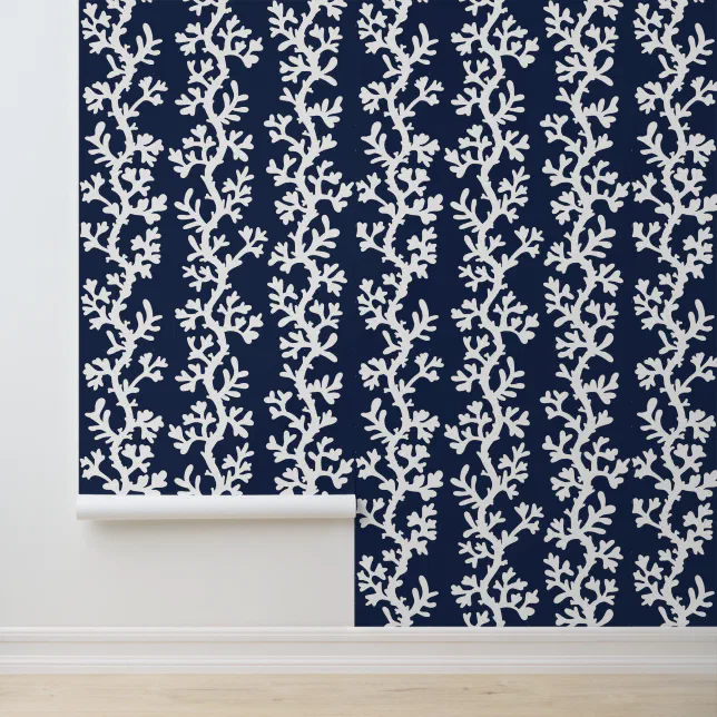 Nautical Beach Coral Reef Navy Blue White Coastal Wallpaper | Zazzle