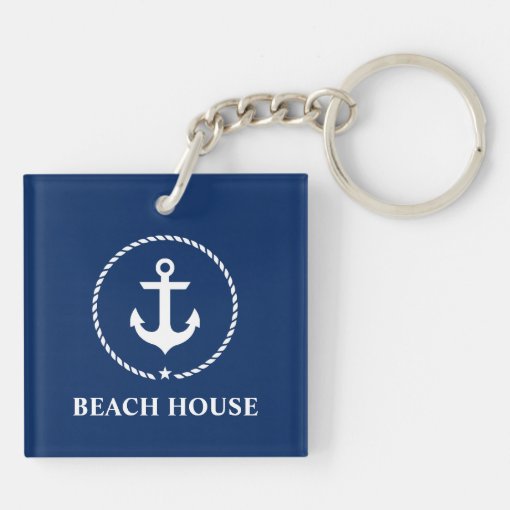 Nautical Beach House Anchor Rope Navy Blue Keychain | Zazzle