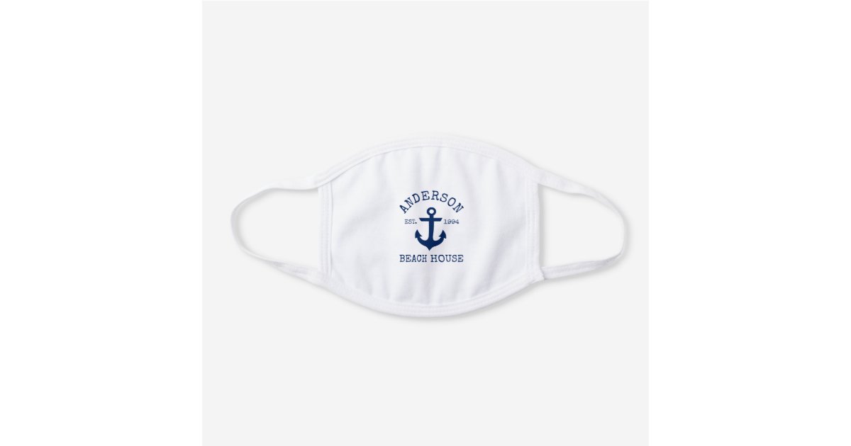 Nautical Beach House Family Name Anchor White Cotton Face Mask | Zazzle