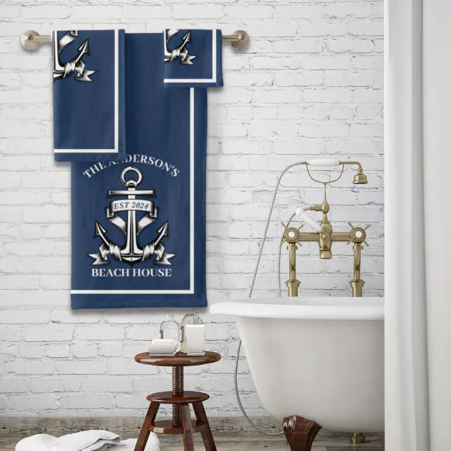 Nautical Beach House Family Name Est Ship Anchor Bath Towel Set | Zazzle