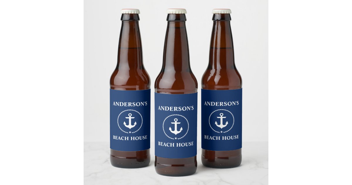 Nautical Beach House Name Anchor Navy Blue Beer Bottle Label | Zazzle