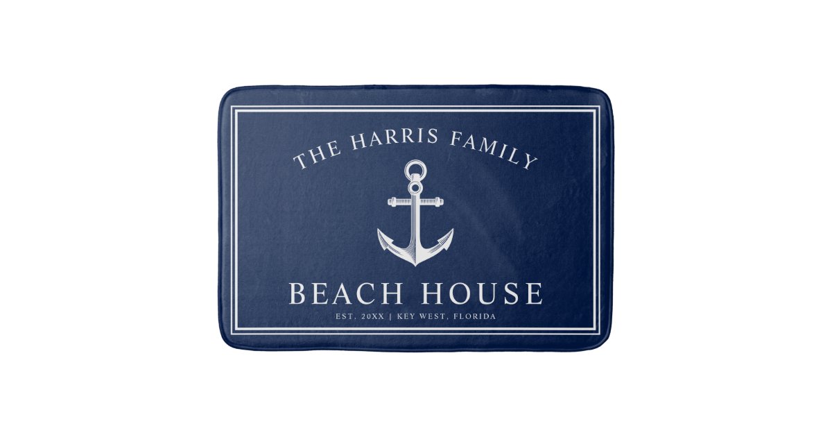 Nautical Beach House | Welcome Navy and White Bath Mat | Zazzle
