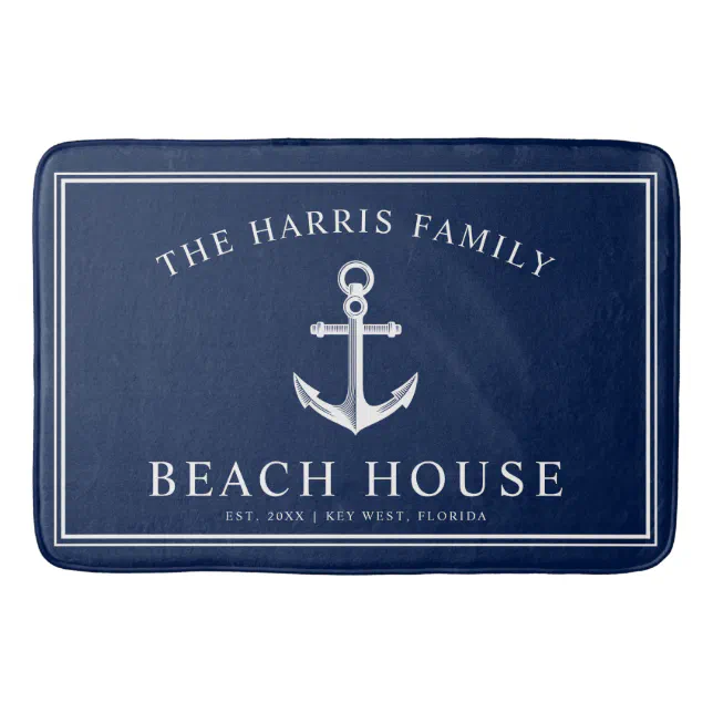 Nautical Beach House | Welcome Navy and White Bath Mat | Zazzle
