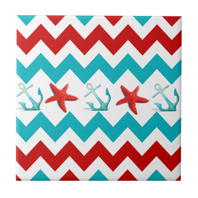 Nautical Beach Red Teal Chevron Anchors Starfish Tile | Zazzle