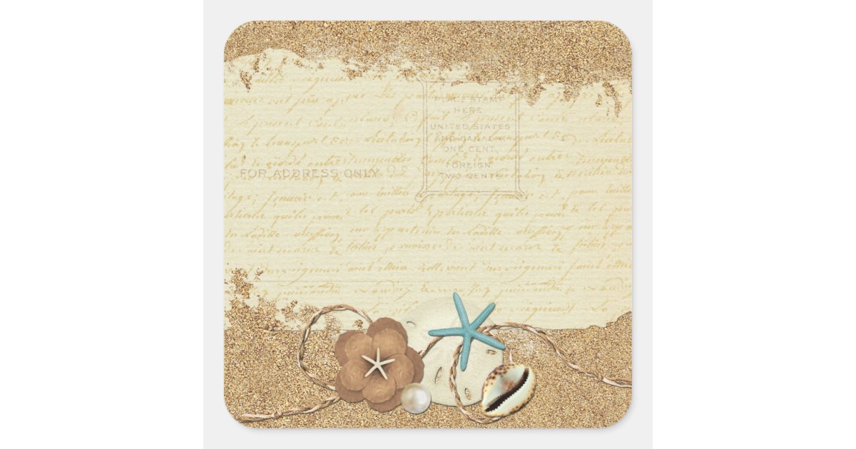 Nautical Beach Seashells & Sand Ocean Boutique Square Sticker | Zazzle