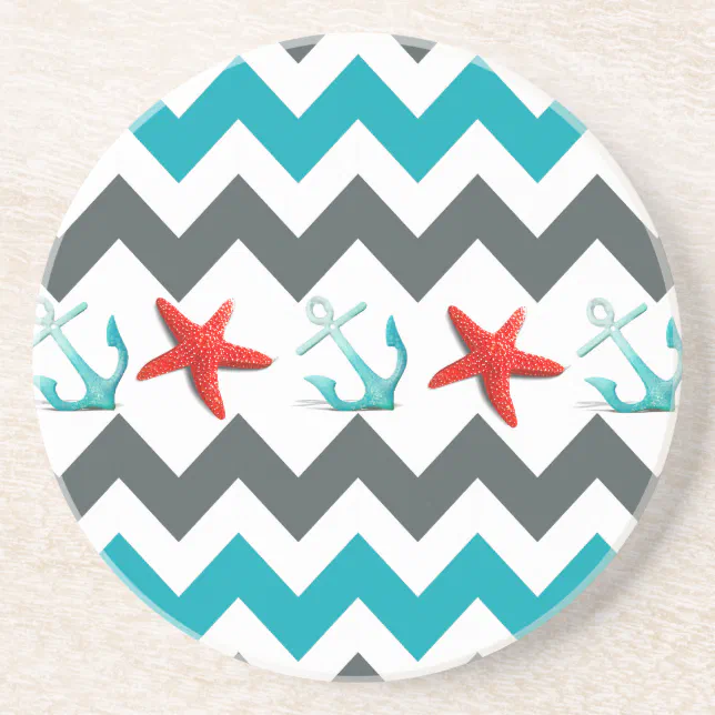 Nautical Beach Theme Chevron Anchors Starfish Coaster | Zazzle