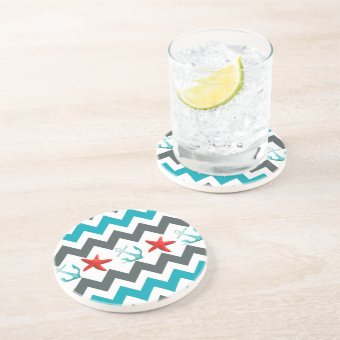 Nautical Beach Theme Chevron Anchors Starfish Coaster | Zazzle
