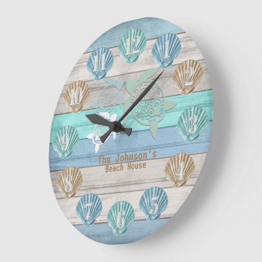 Nautical Beach Wood with Turtles & Shells Large Clock | Zazzle