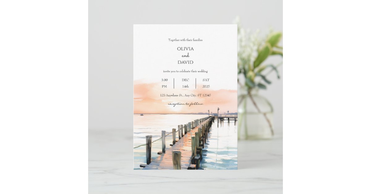 Nautical Beachside Orange Sky Sunset Pier Wedding Invitation | Zazzle
