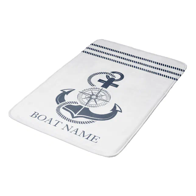 Nautical Blue Anchor Boat Name Bath Mat | Zazzle
