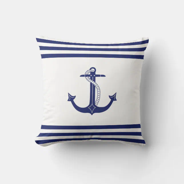 Nautical Blue Anchor Simple Navy and White Stripes Throw Pillow | Zazzle