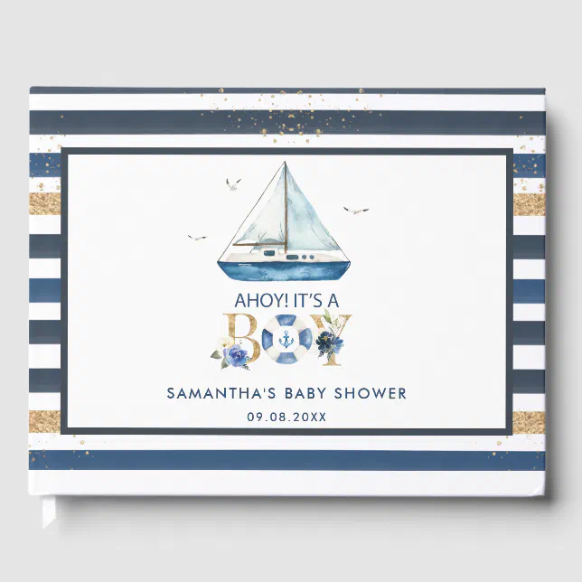 Nautical Blue Boat Ahoy It's a Boy Baby Shower Guest Book | Zazzle