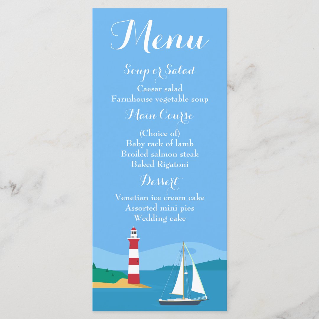 Nautical Blue Menu Sailboat & Lighthouse Wedding | Zazzle