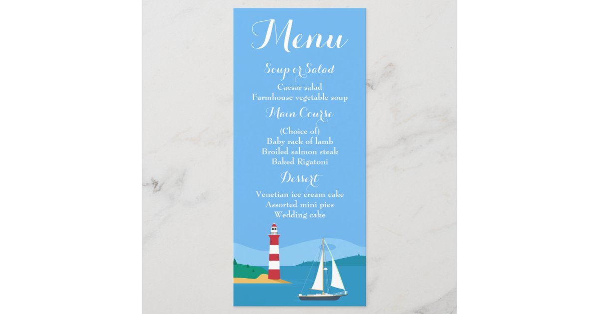 Nautical Blue Menu Sailboat & Lighthouse Wedding | Zazzle