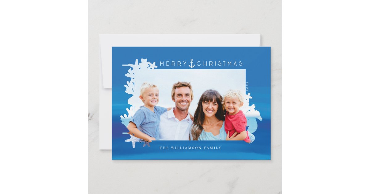 Nautical Blue Merry Christmas Ocean Photo Frame Holiday Card | Zazzle